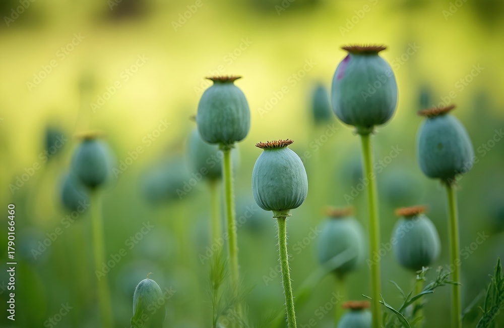 Green opium poppy seed pods with distinct crowns stand tall in sunny ...