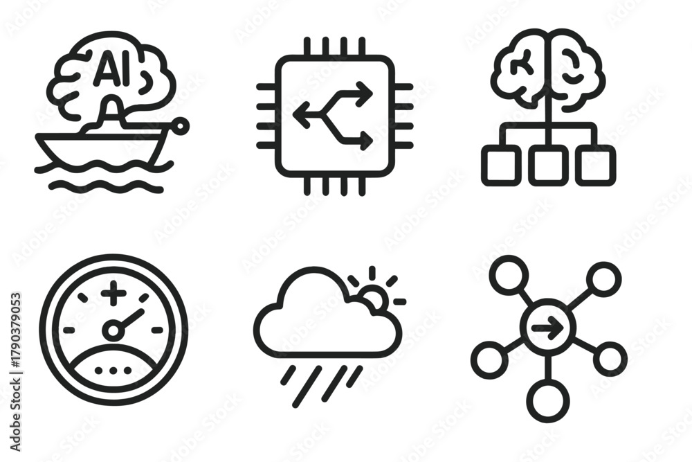 AI Marine System Icons. Line style icons of onboard AI systems: marine ...