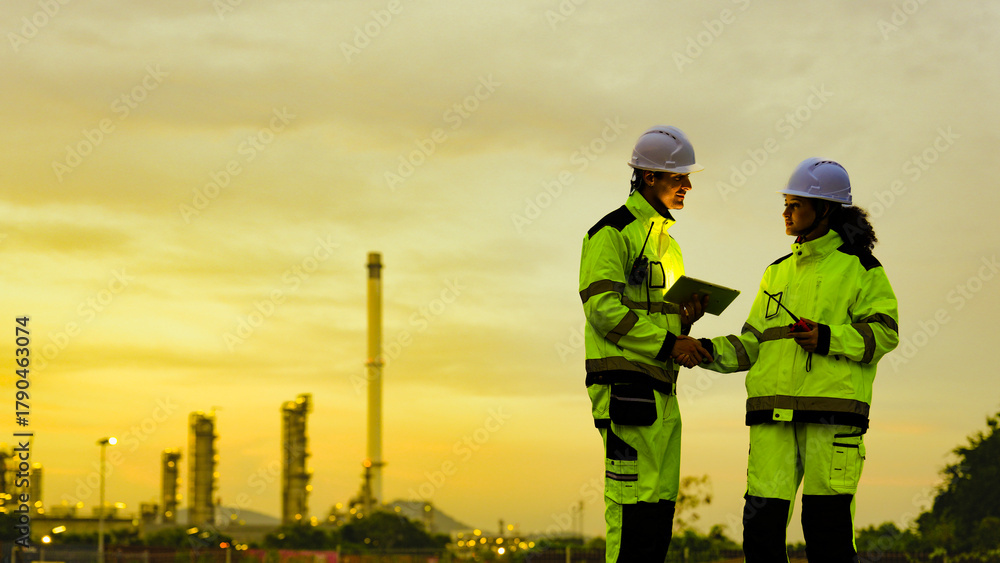 Petrochemical engineers in PPE conduct a site survey at a refinery ...