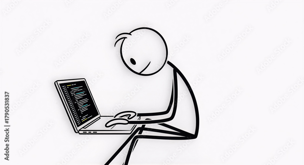stickman, stick figure using laptop computer, cartoon character working ...