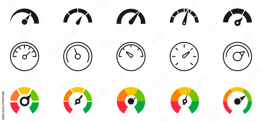 Vector de Stock Speedometer icon set. Speed indicator. Gauge, dashboard ...