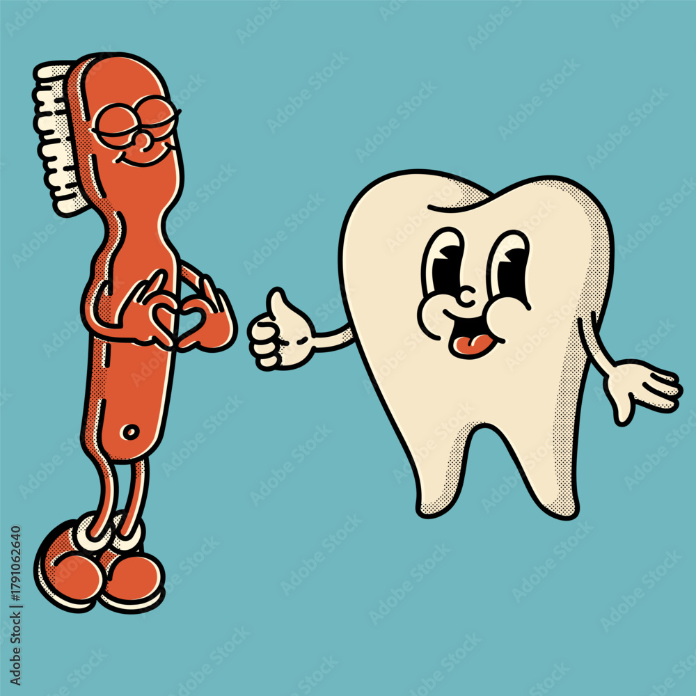 Retro tooth and toothbrush mascots waving and high-fiving! Colorful 70s ...
