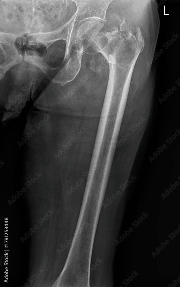 Hip and femur X-ray showing proximal femur, hip joint, pelvis and ...