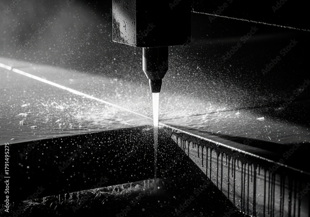 Precision industrial waterjet cutting process in high contrast black ...