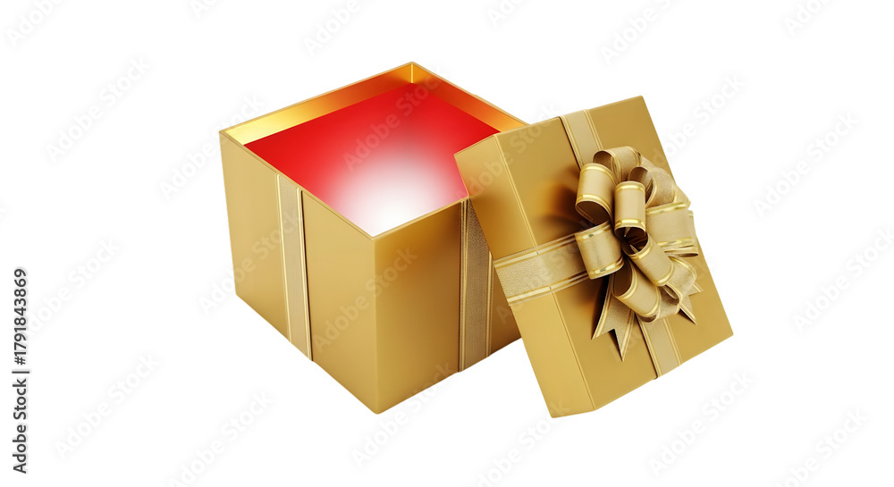 Open golden gift box with glowing red light isolated on transparent ...