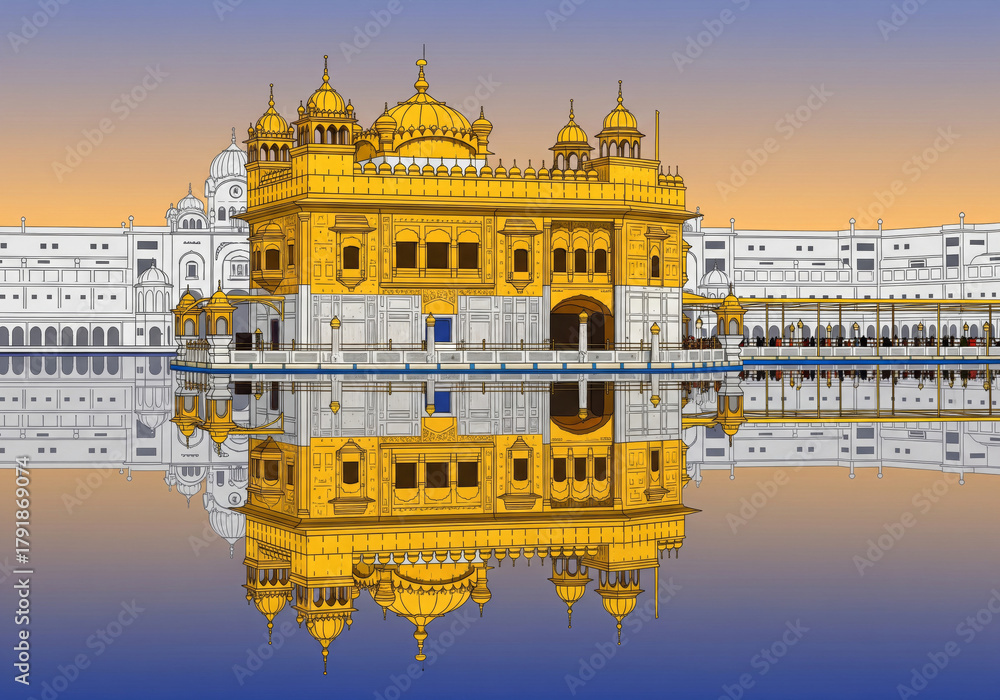 Golden Temple Illustration Digital art of Harmandir Sahib reflecting in ...