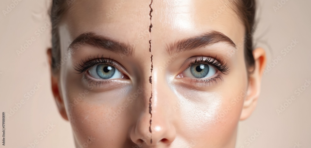 Fotografie Split face comparison showing before and after eyelid ...