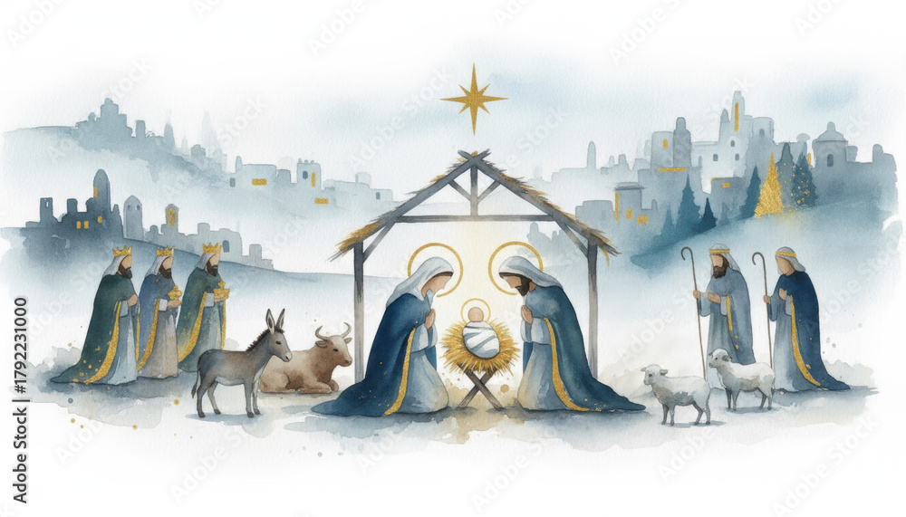 A beautiful watercolor nativity scene. Mary, Joseph, wise men, and ...
