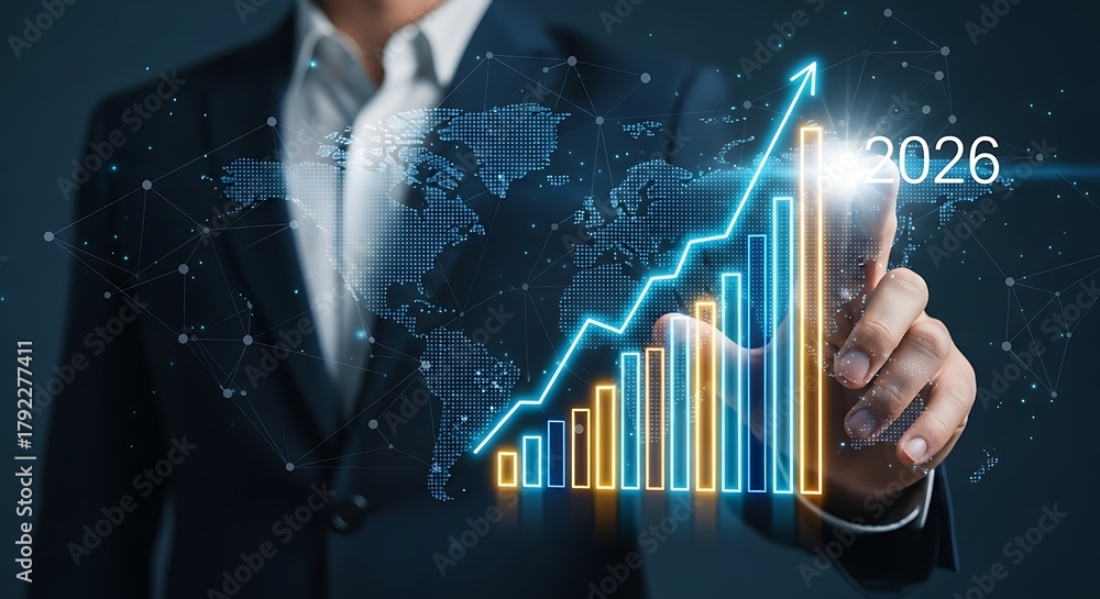 Businessman pointing at a glowing 3d bar chart with an upward trend ...