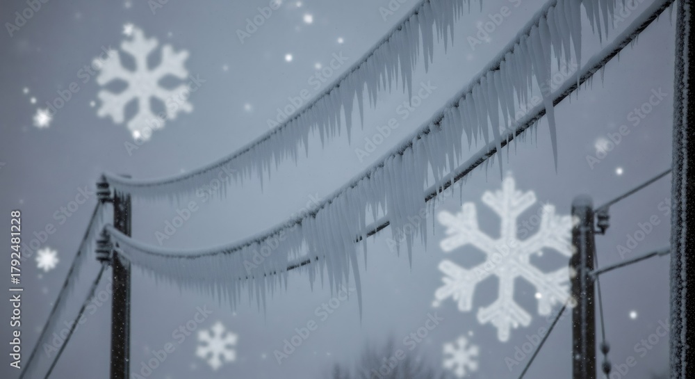 Power lines covered in ice and icicles during a winter storm. Extreme ...