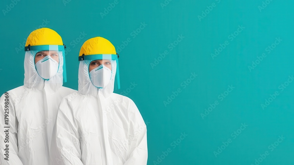 Healthcare workers wearing full PPE in flu isolation zone, clinical ...