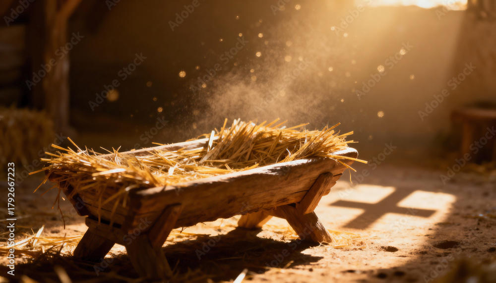 A rustic wooden manger in a stable representing the nativity scene. A ...