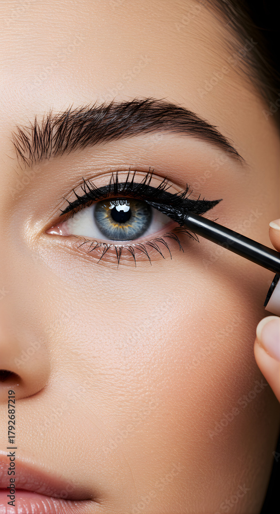 tight crop on eyes only, liquid eyeliner being applied with a fine tip ...