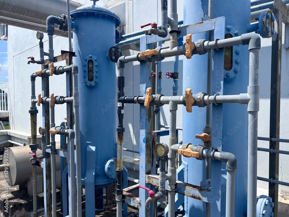 Photo Stock Two tall, blue industrial water filtration tanks are ...