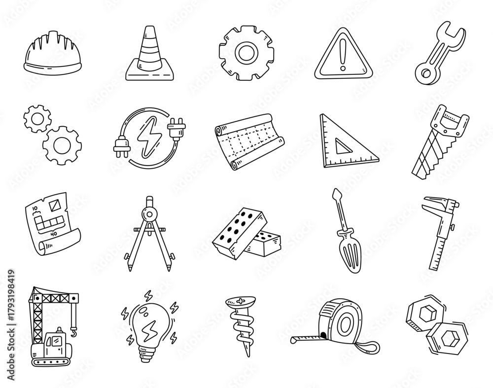 Engineering set in outline line art showing various mechanical tools ...