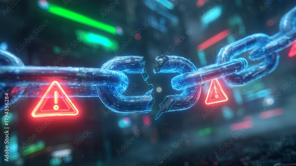 Digitally rendered broken chain with warning signs floating in a ...