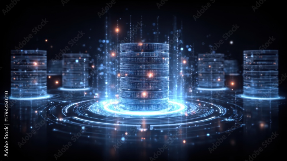 Futuristic visualization of a database hub with program monitoring ...