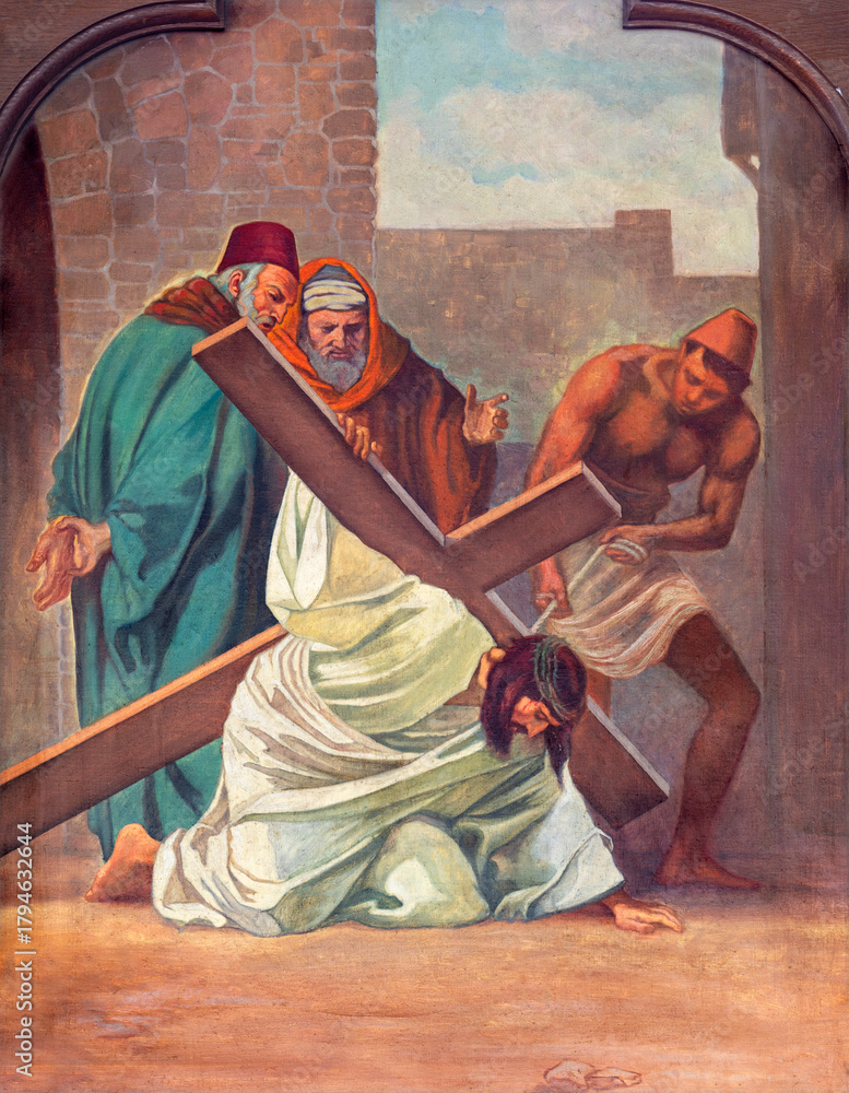 Sebechleby - The painting Jesus fall under the cross as part of Cross ...