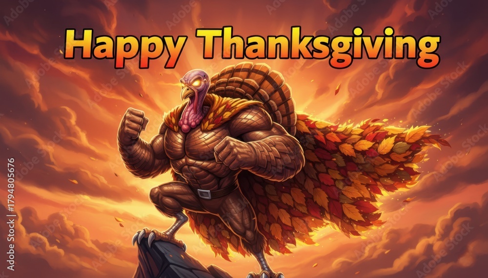 Superhero-style animated turkey with metallic bronze feathers and an ...