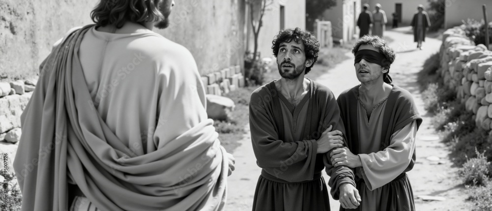 Stock-Illustration „Jesus Christ healing two blind men in a biblical ...