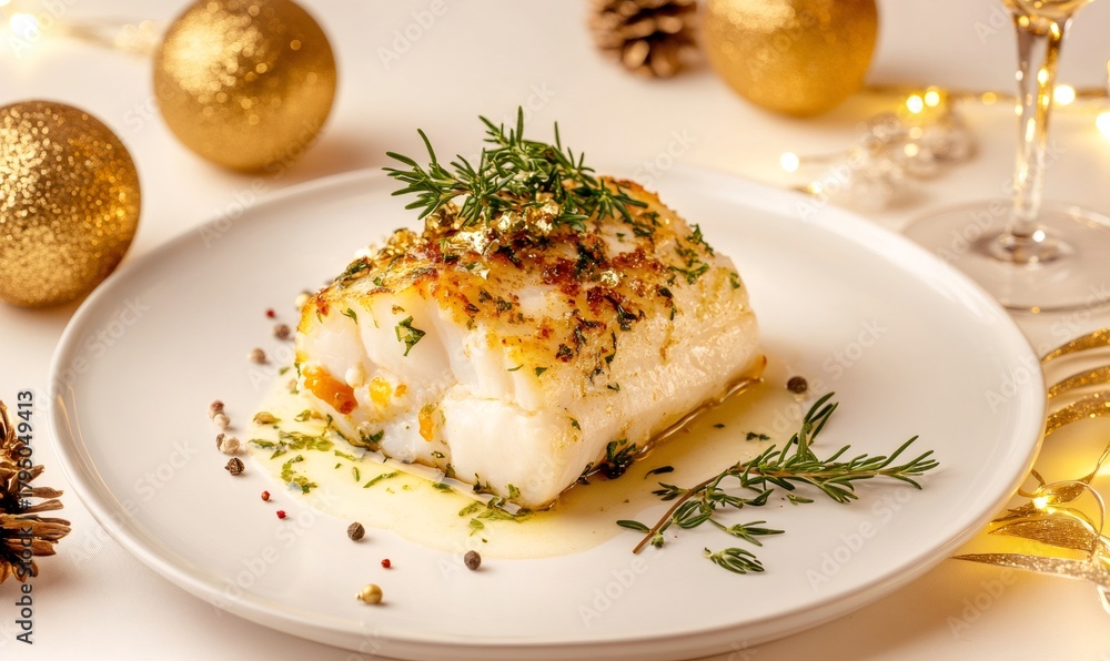 Gourmet cod fish fillet serving fine dining style with rosemary, gold ...