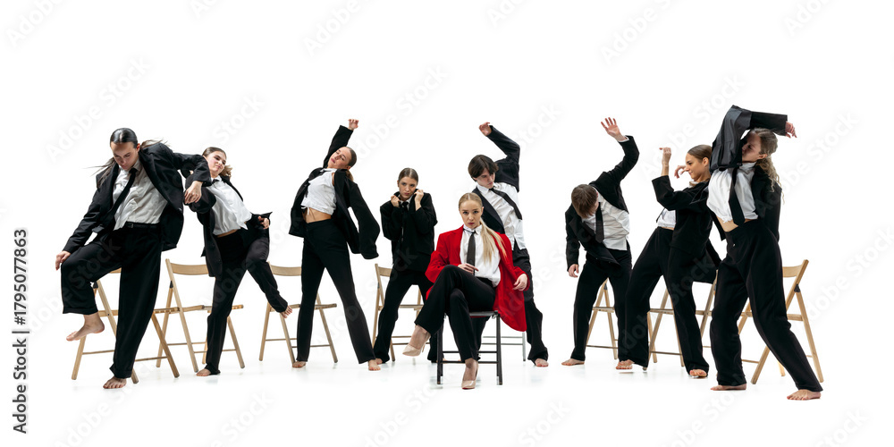 Business team performing expressive synchronized poses around confident ...