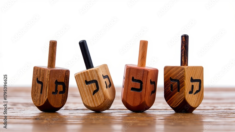 Traditional Hanukkah dreidels in vibrant colors and brass tones ...