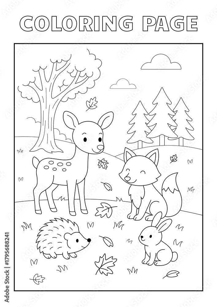 Coloring page with animals in the forest. Coloring page with deer, fox ...