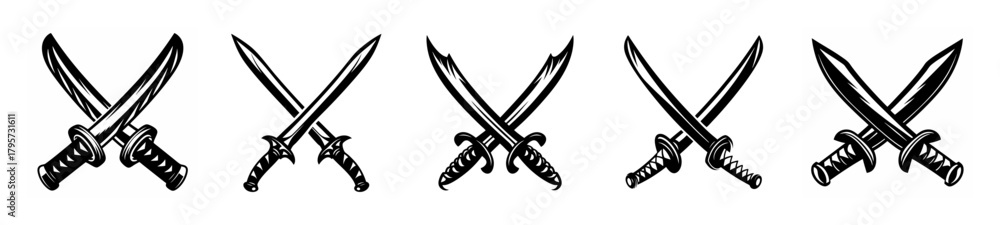 Five crossed samurai swords in a row representing combat and warrior ...