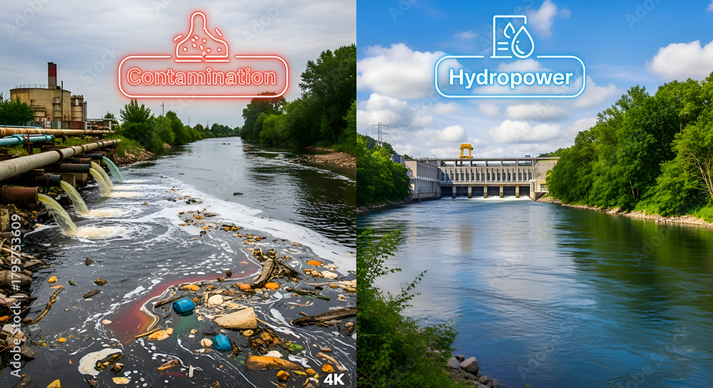 Shocking environmental contrast showing polluted industrial waste ...