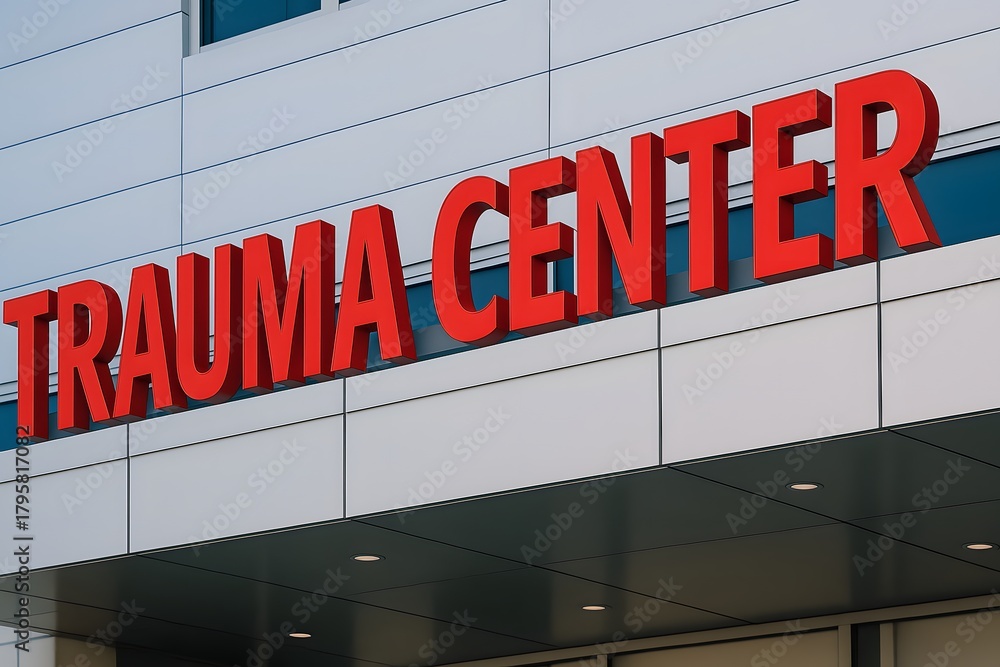 Bold red Trauma Center sign on a hospital building, representing ...