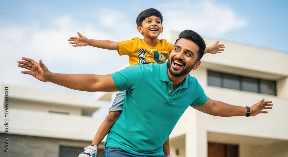 Happy Indian father son piggyback ride outdoor fun Stock Photo | Adobe ...