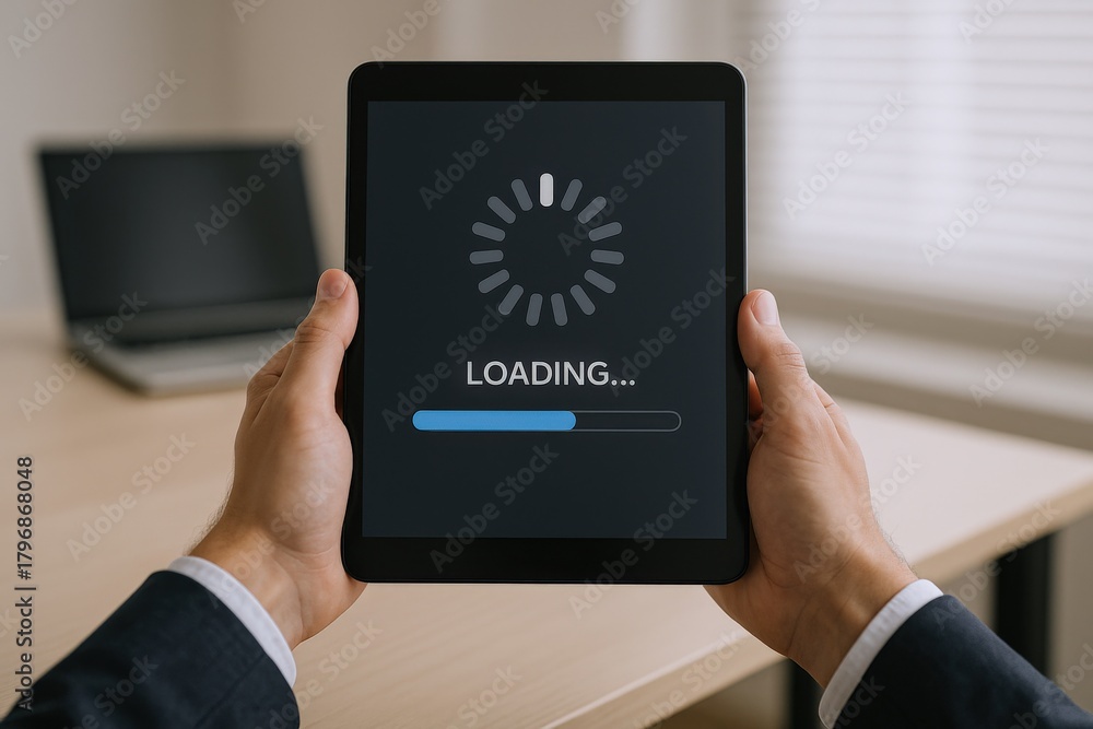 Hands Holding Tablet Displaying Loading Screen with Progress Bar on ...