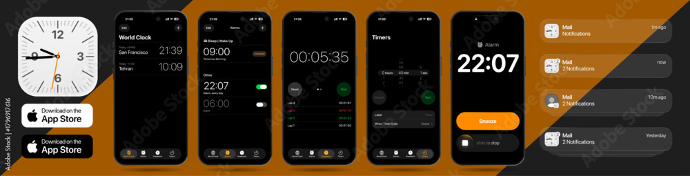 iPhone 17 Pro Clock app UI screen vector with iOS 26 update, showcasing ...