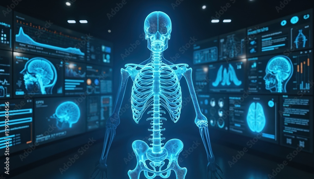Human skeleton model stands in medical laboratory. Monitors display ...