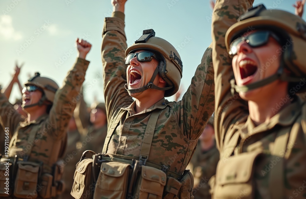Soldiers in camouflage uniforms and helmets cheer loudly with raised ...