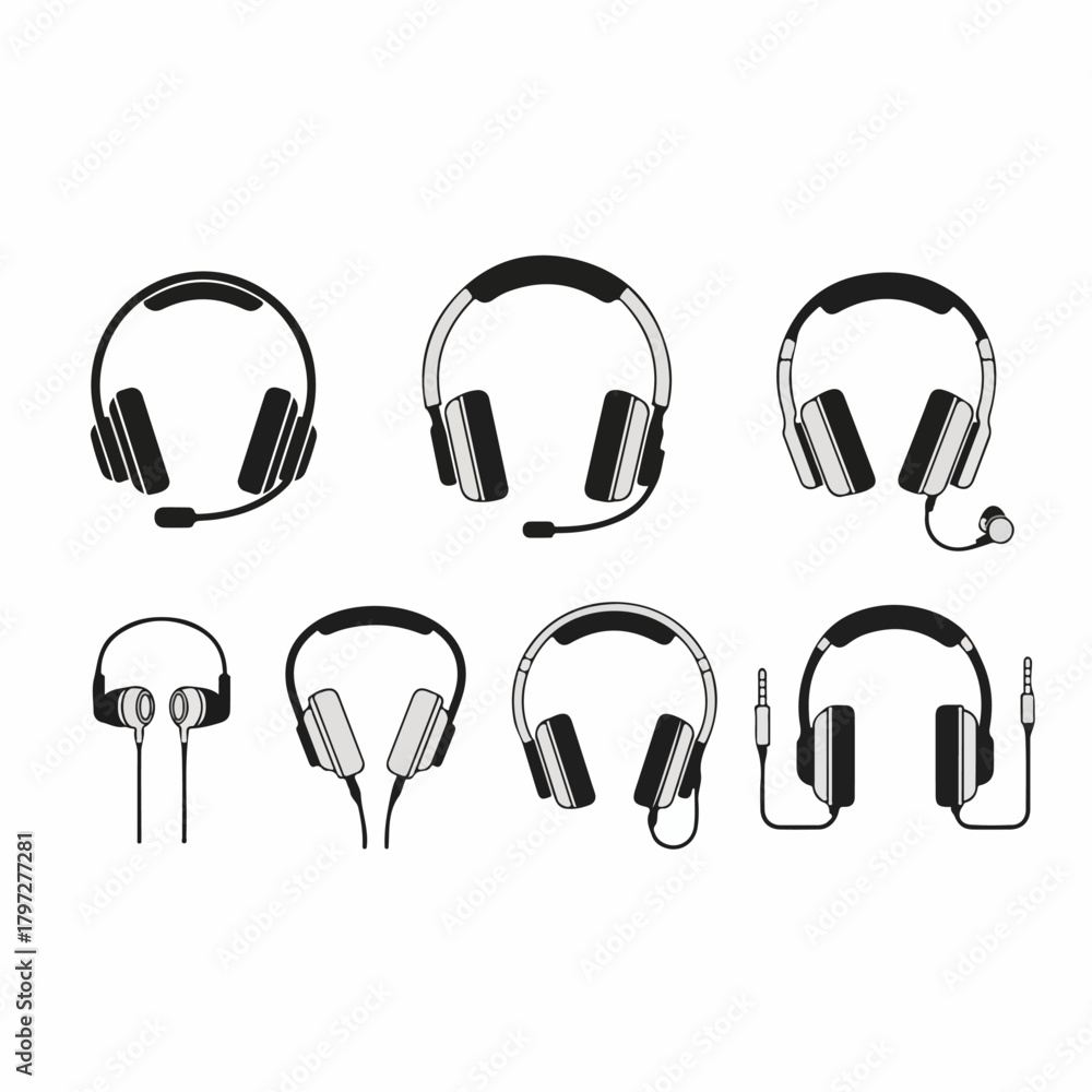 Diverse black and white vector icons of headphones and headsets ...