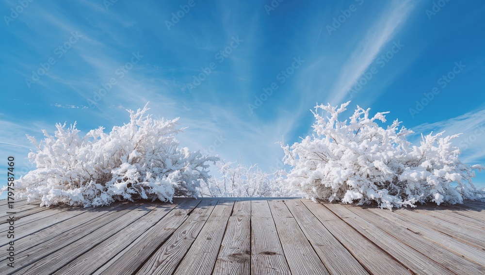 Photo Stock Snow-laden frozen trees and shrubs on a wooden deck beneath ...