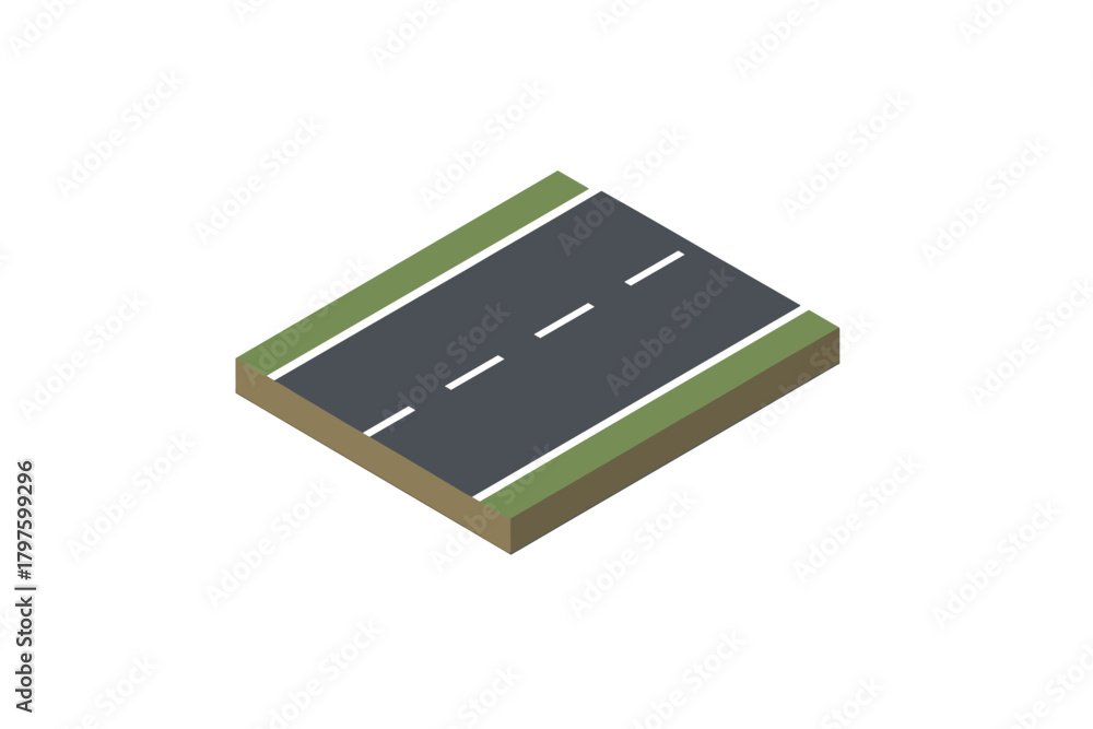 Isometric segment of a straight highway road with dashed markings and ...