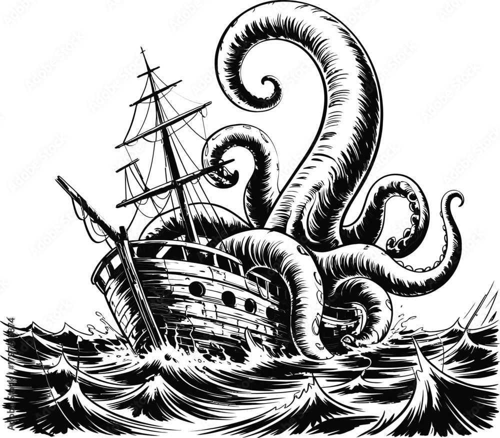 Giant kraken tentacles attack and sink a majestic sailing ship in rough ...