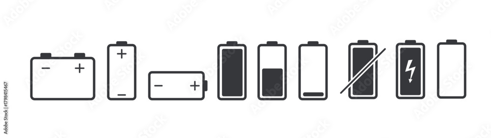 Bundle set icon of various battery symbols: accumulator, battery ...
