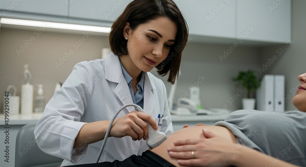 Female doctor performing a prenatal ultrasound scan on a pregnant ...