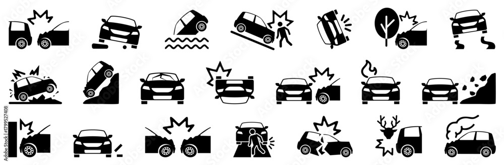 Car accident icon collection in solid black style. Crash and damage ...