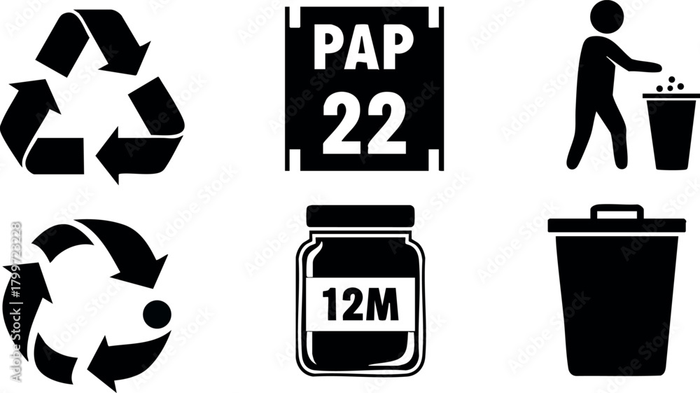 Recycling symbols and waste disposal icons including pap 22 and 12 ...