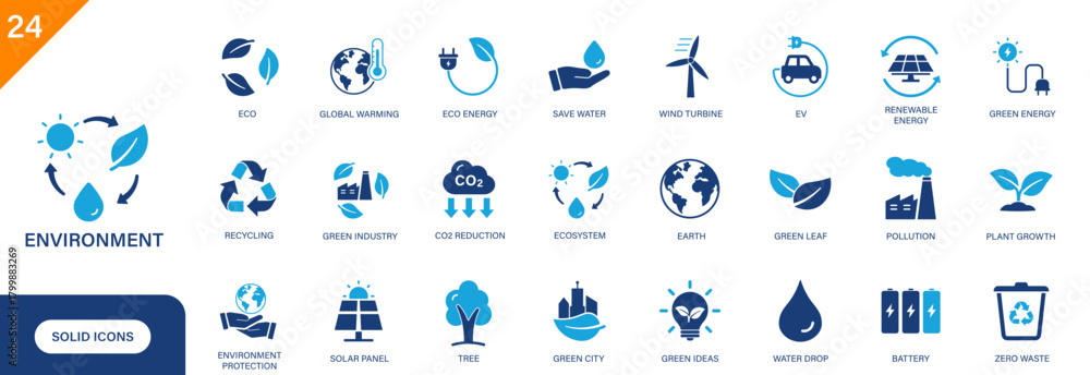 Environment icon. Including renewable energy, ecosystem, EV, green ...