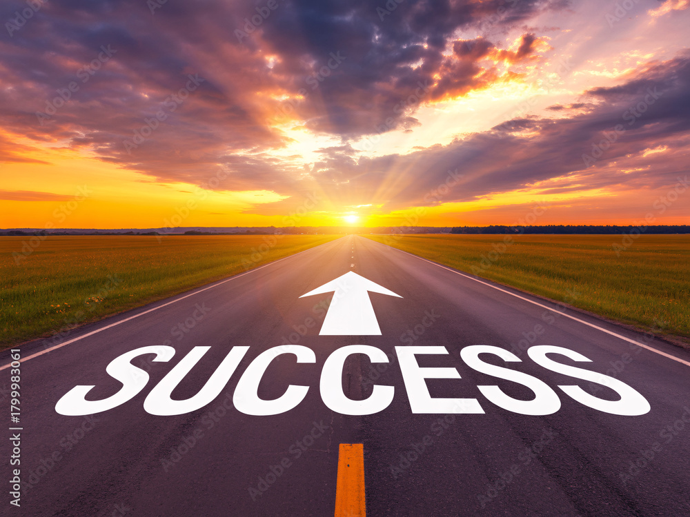 Drive to success on a scenic road towards a vibrant sunset, charting a ...
