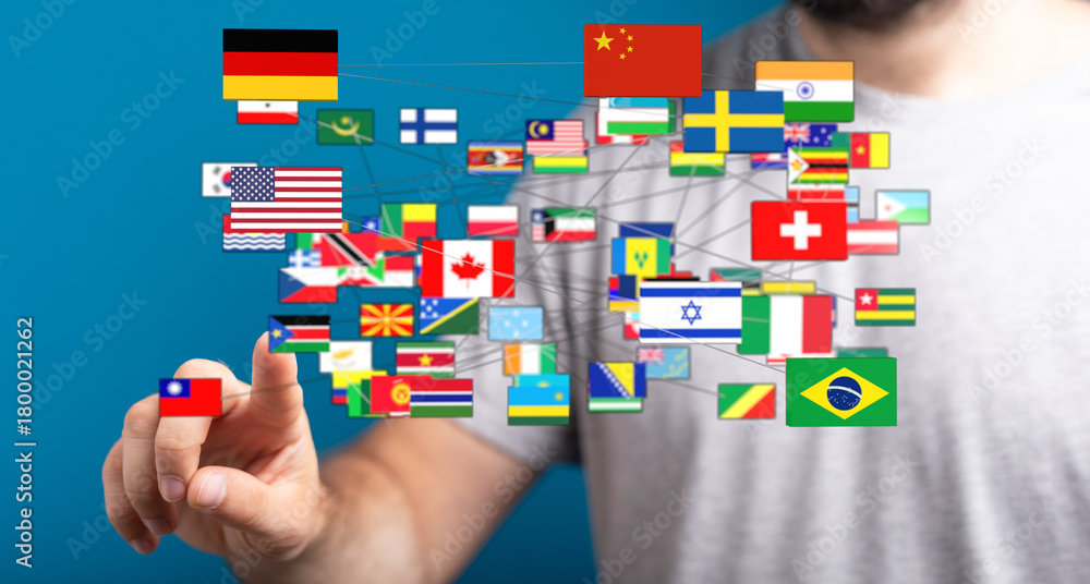 Concept of global connectivity and international relations. Flags ...