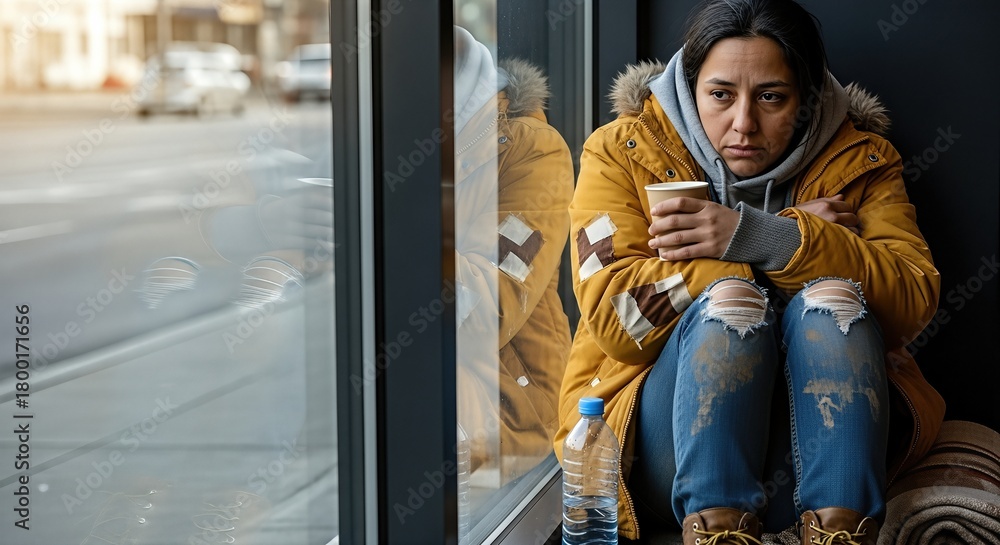 Homeless people. Woman with brown hair, wearing a yellow jacket, sits ...