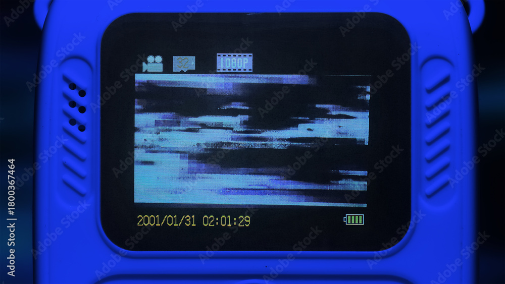 digital camera display showing a distorted video feed with heavy glitch ...
