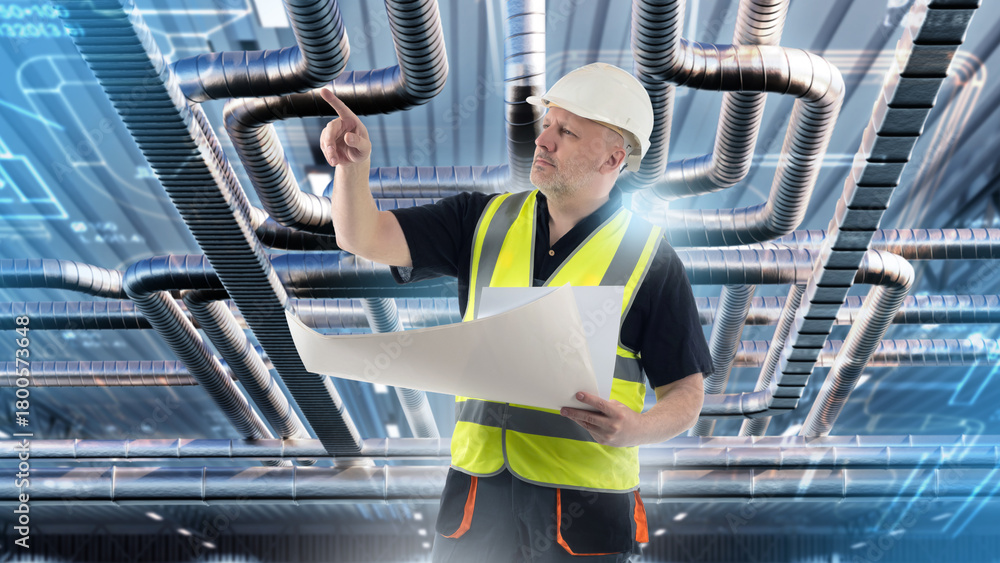 Foto de Stock Pipeline engineer reviews technical drawings and inspects ...